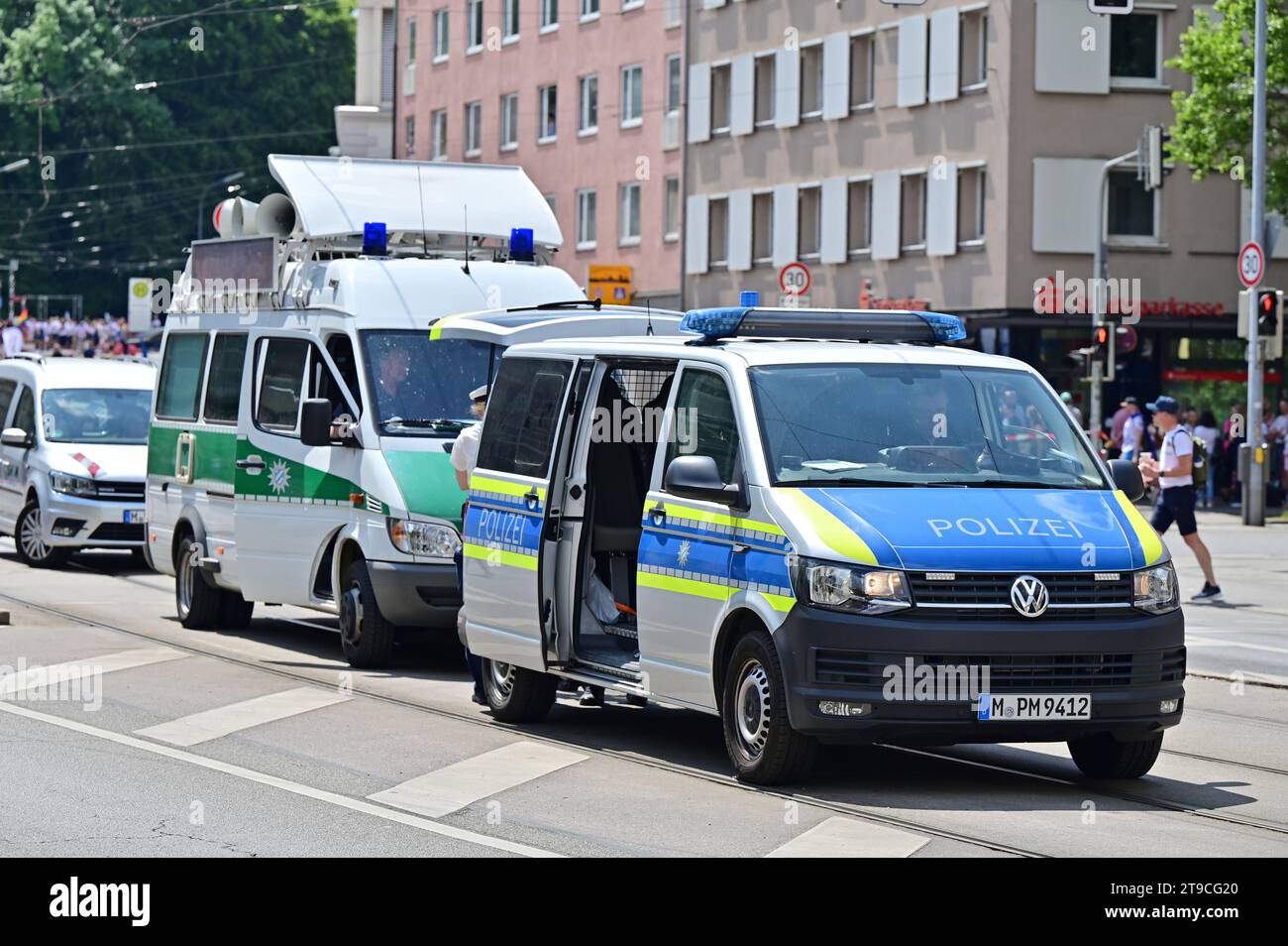Police car at CSD Pride in Munich. The CSD parade is a political ...