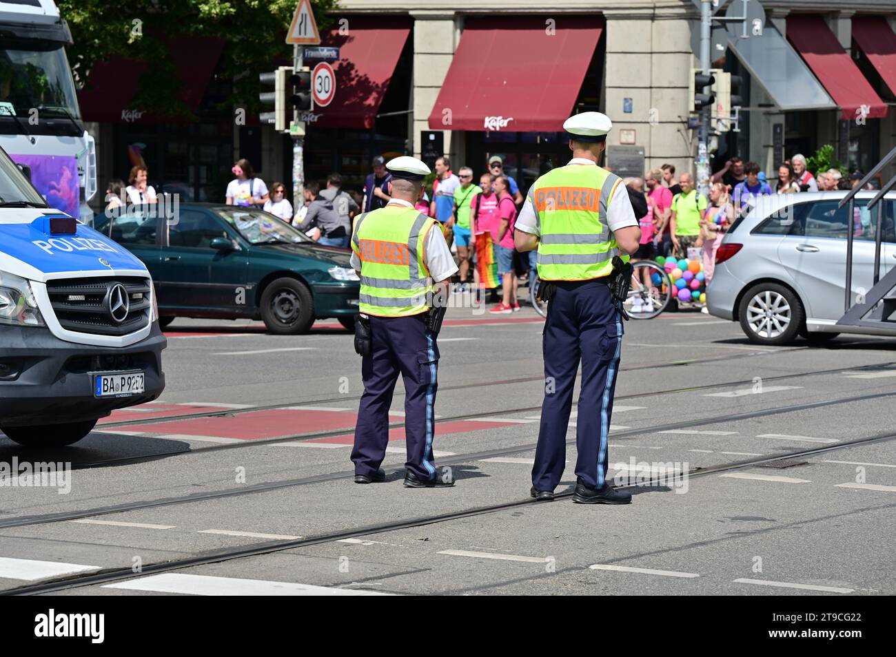 Police car at CSD Pride in Munich. The CSD parade is a political ...