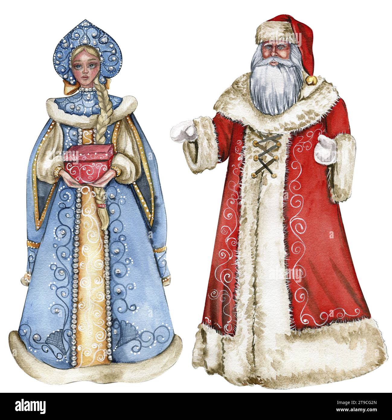 Watercolor illustration of Santa Claus with long white beard in red ...