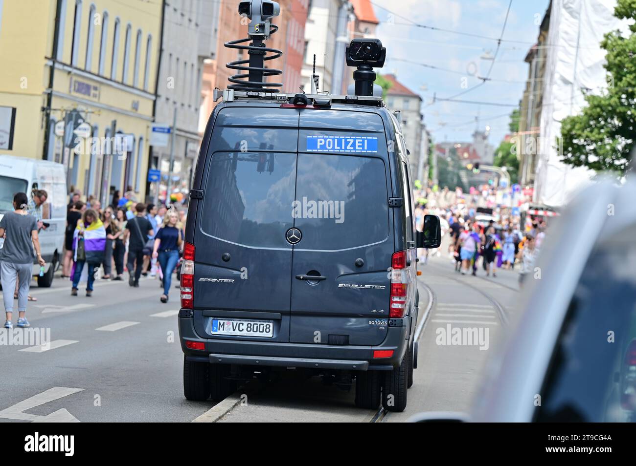Police car at CSD Pride in Munich. The CSD parade is a political ...