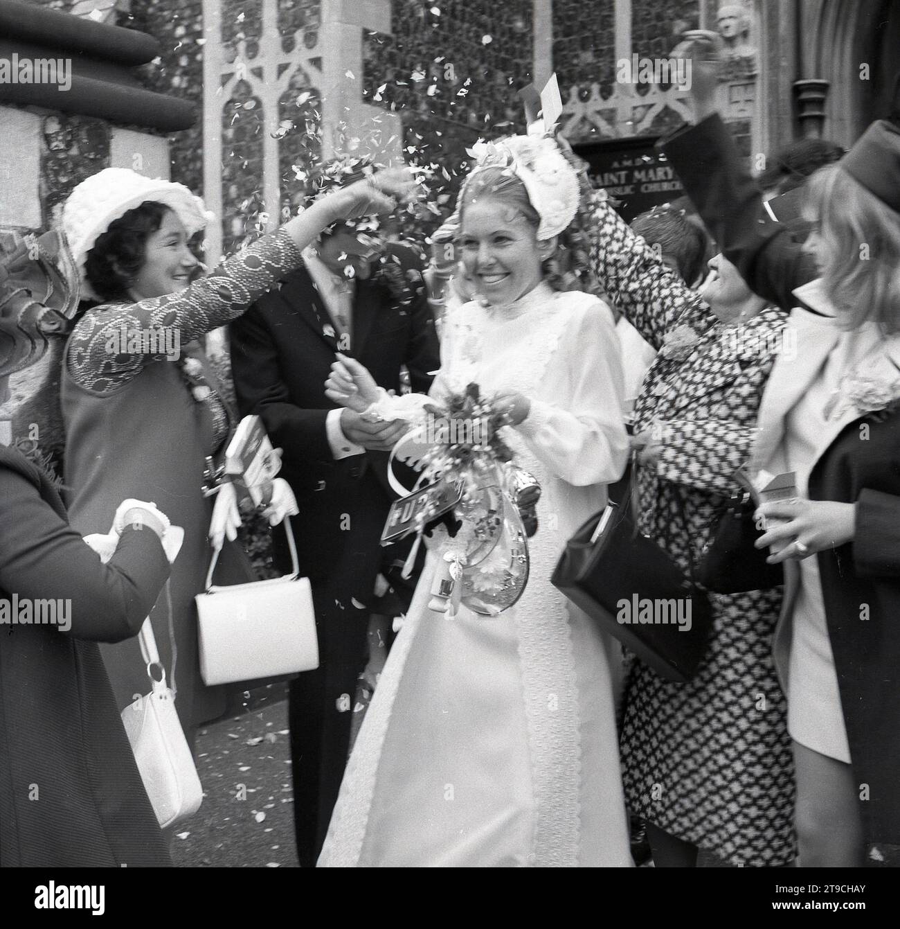 1960s, historical, wedding, outside the church, a bride and groom ...