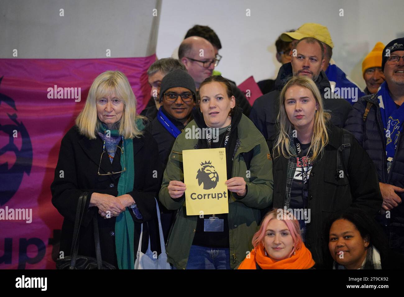 Everton fans protest outside the Premier League headquarters in London ...