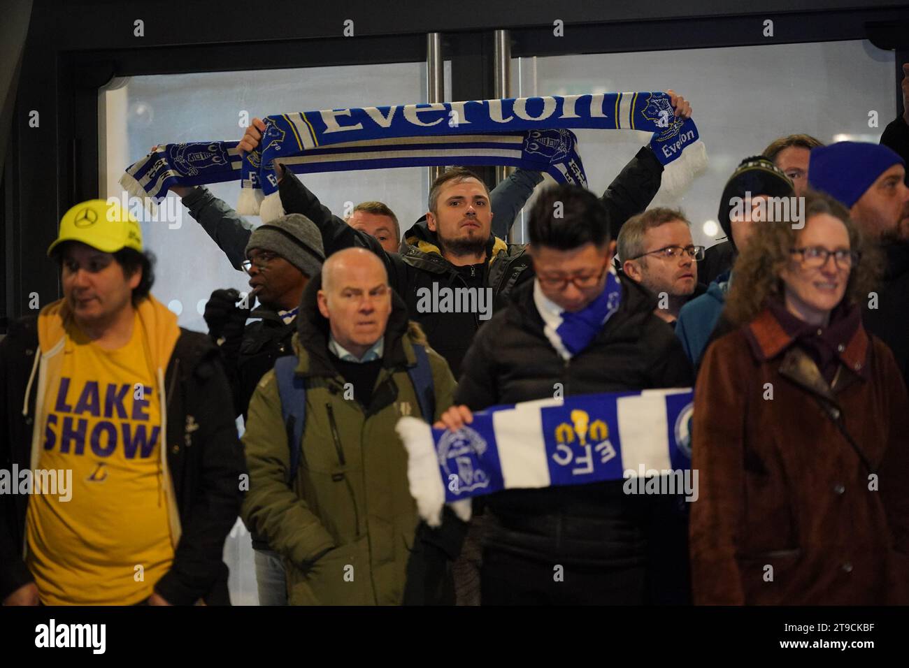 Everton fans protest outside the Premier League headquarters in London ...