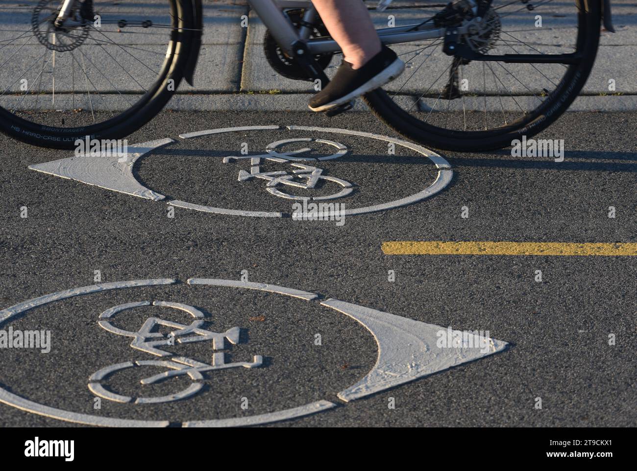 A bike path is marked by unique signage indicating direction of travel ...