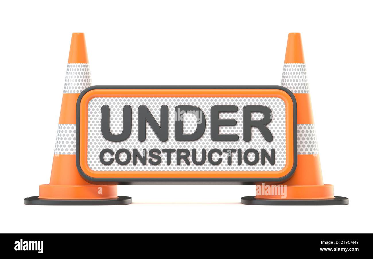 Under construction sign with traffic cones 3D rendering illustration ...