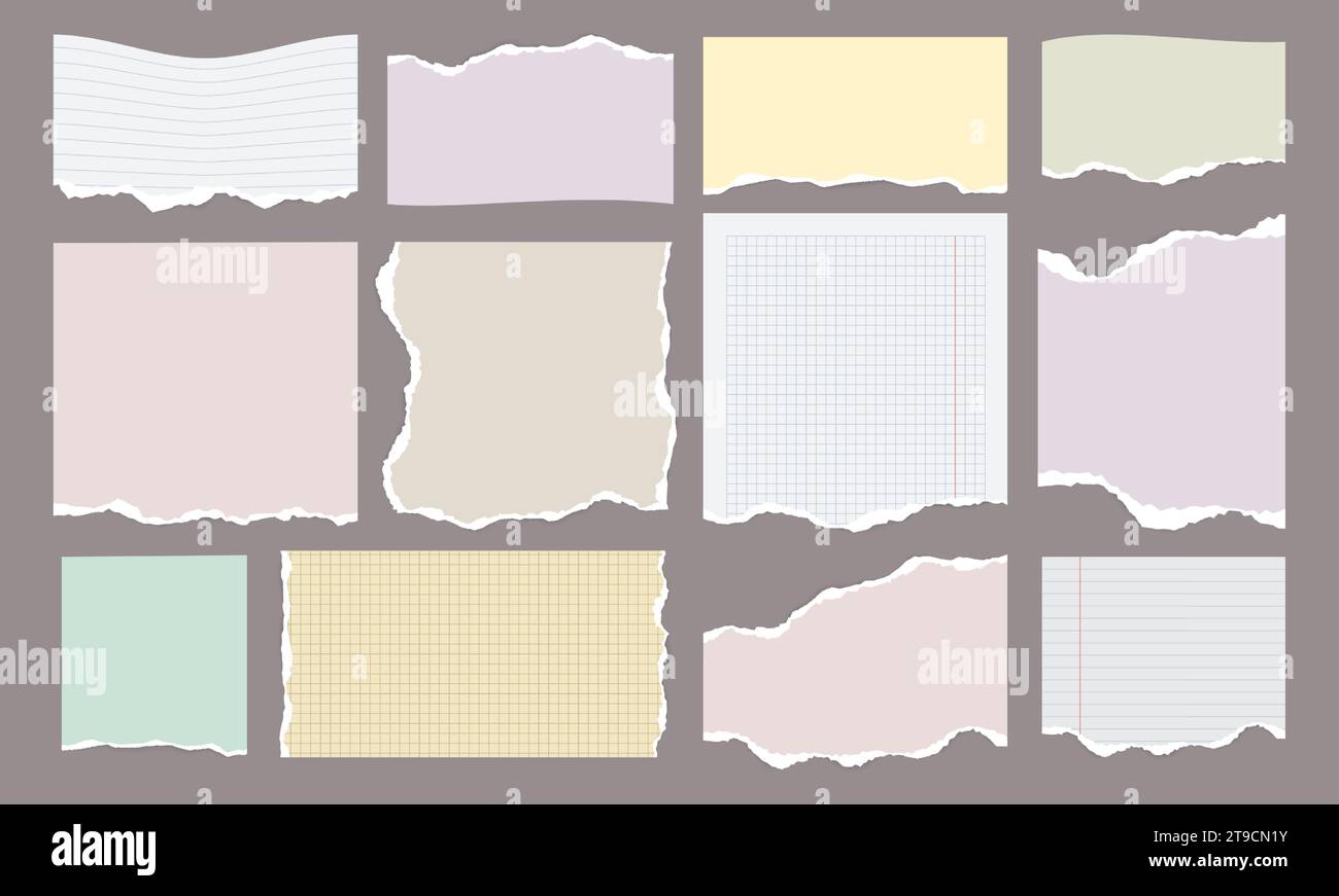 Notebook paper pieces. Torn blank sheet with lines, blank scrap paper elements for scrapbook and ...