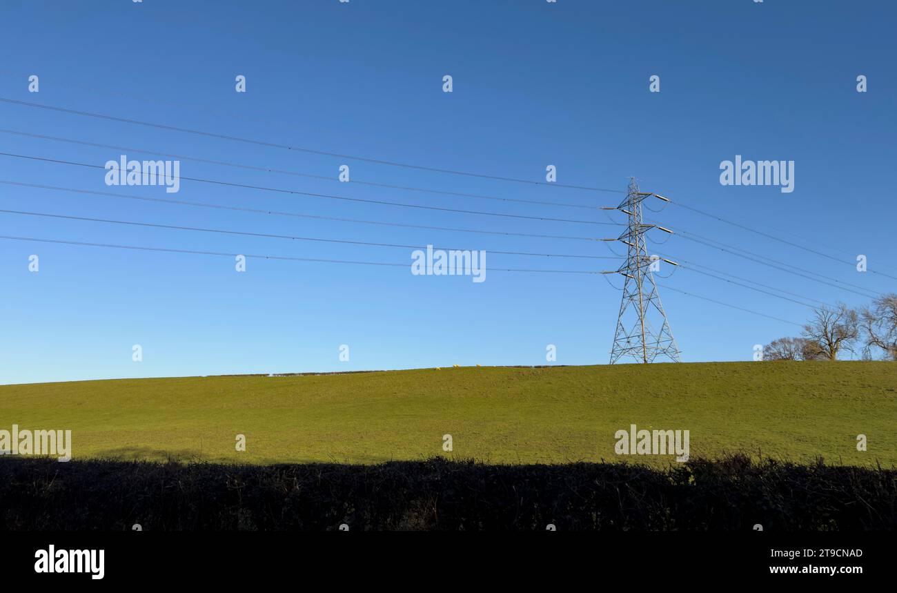 Bright blue winter sky above an electricity pylon, part of the National ...