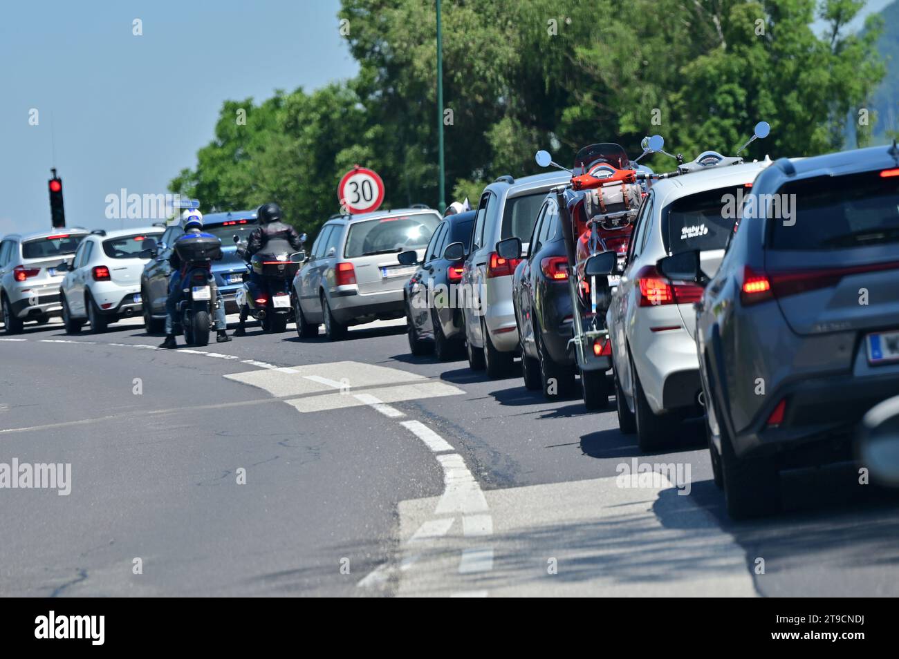 Traffic jam in front of a construction site in Traunkirchen in the ...