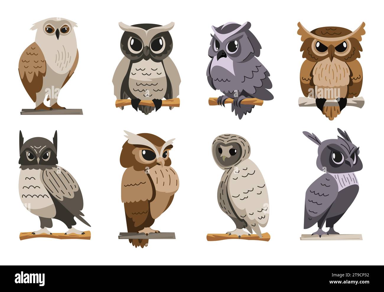Owls collection. Cartoon owl face and eyes, flying predator bird heads ...