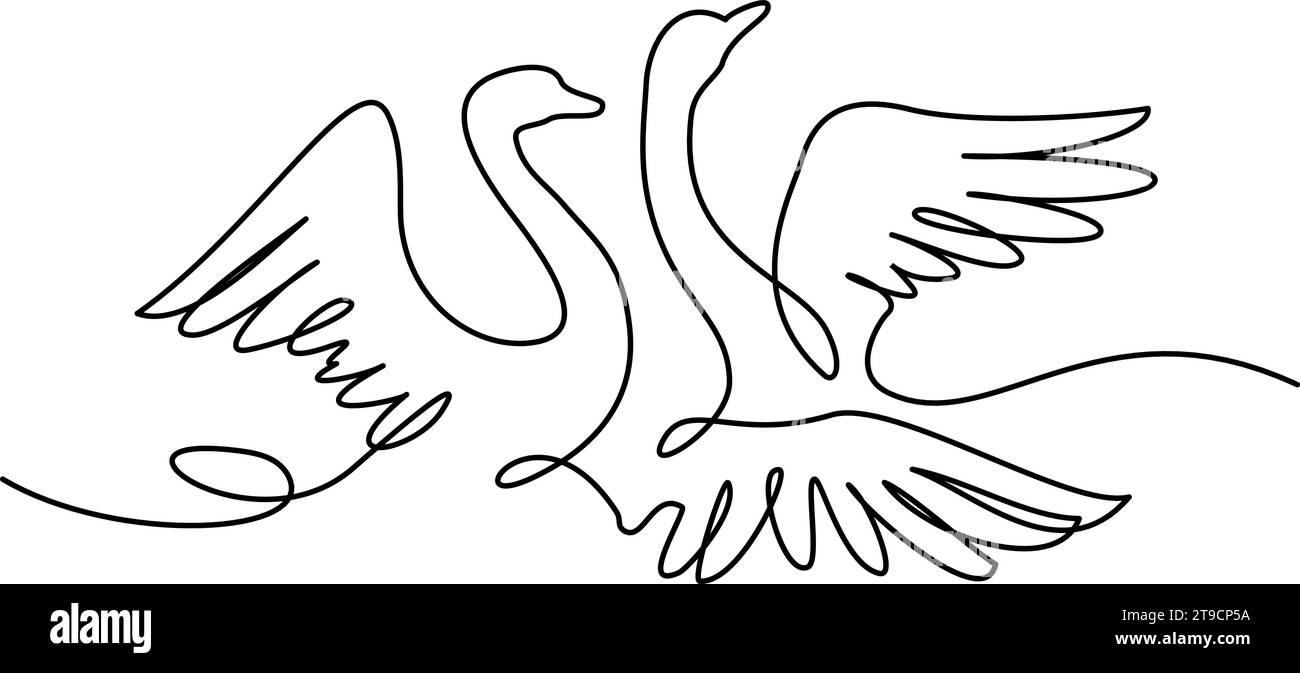 Cute swans couple swimming on lake sign. Continuous one line drawing ...