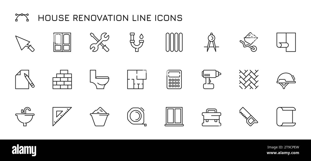 Home renovation line icons. Handsaw screwdriver saw dor and window ...