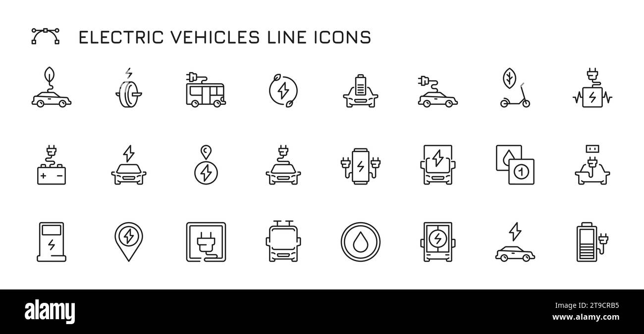 Electric car line icons. Electric vehicle charging and parking, hybrid ...