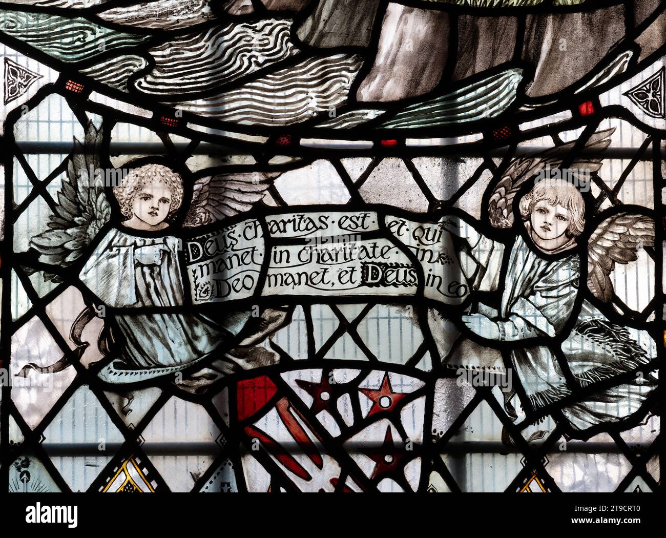 Angels holding scroll stained glass, St. John the Baptist Church, Burford, Oxfordshire, UK Stock ...