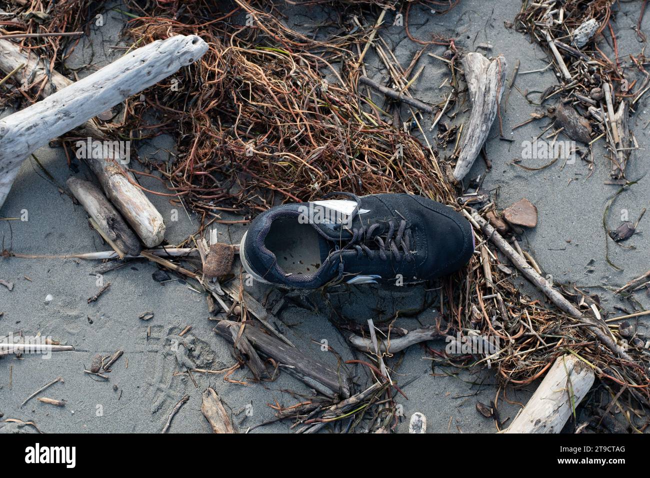 Beach in northern Italy after a violent storm. Plastic and cans ...