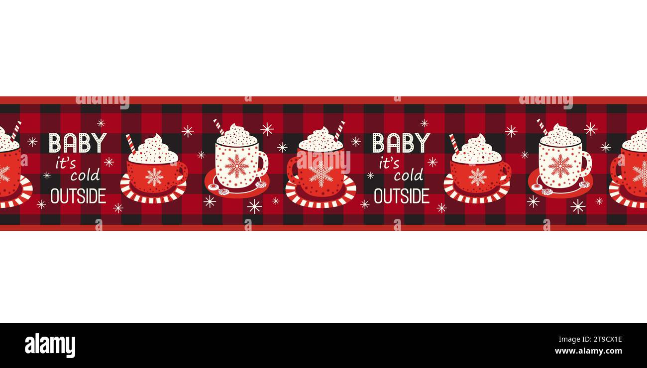 Hot drinks, buffalo plaid seamless vector border. Cozy wintertime fancy ...