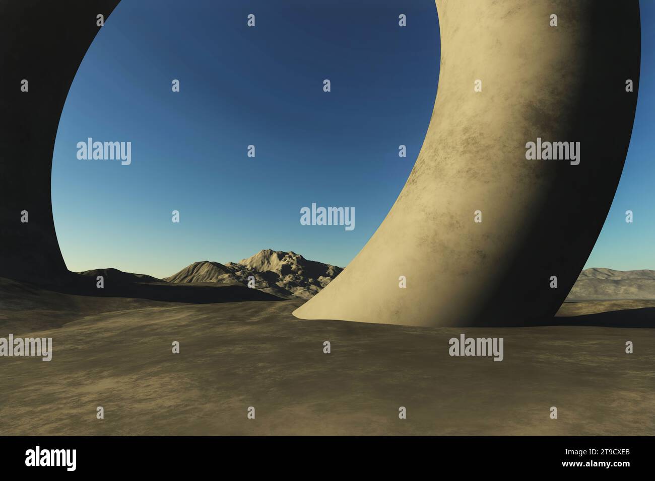 Surrealistic mountain background 3D illutstration with a huge stone ...