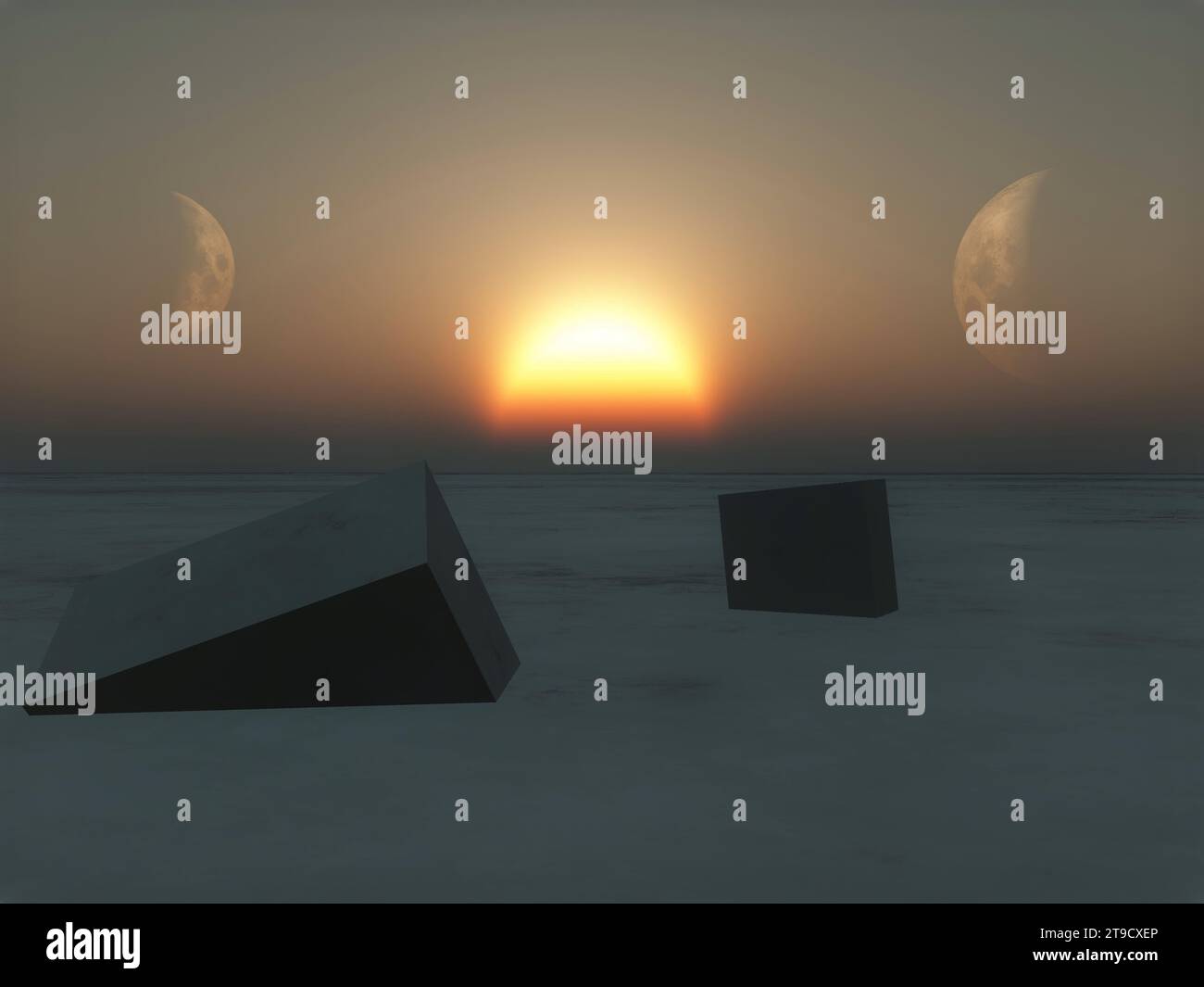 Post apocalyptic ruins in the lights of sunrise, conceptual ...