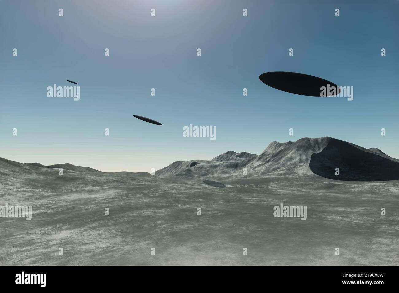 UFO alien spaceships flying over mountains in the daylight. 3D ...