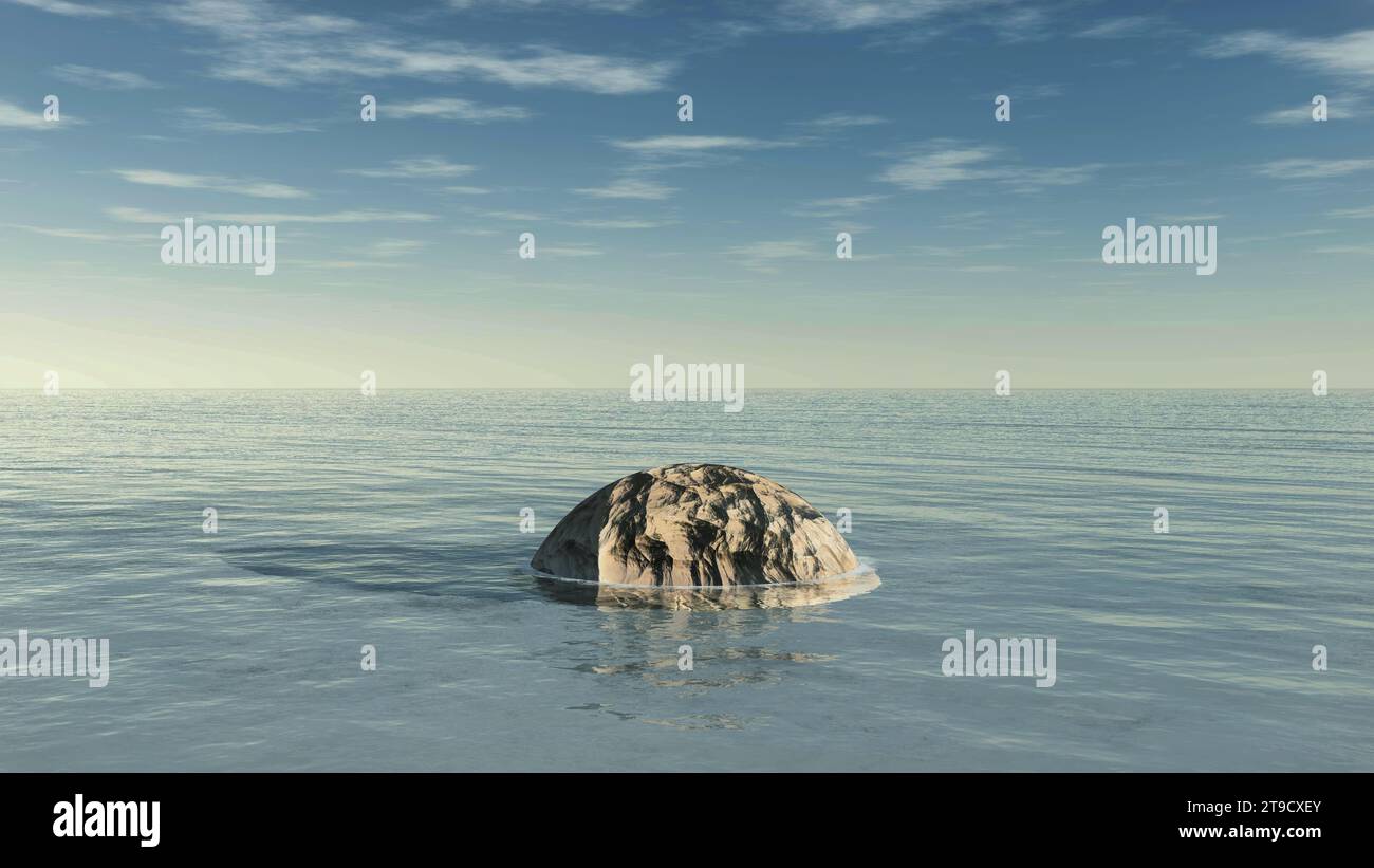 Meteorite or asteroid stone swimming in the ocean, 3D illustration ...