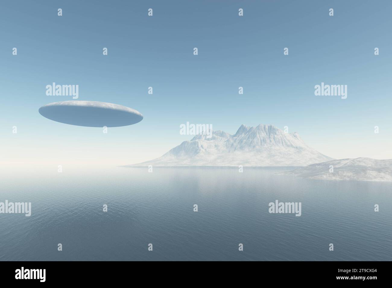 Alien UFO flying over sea surface, natural mountain background. 3D ...