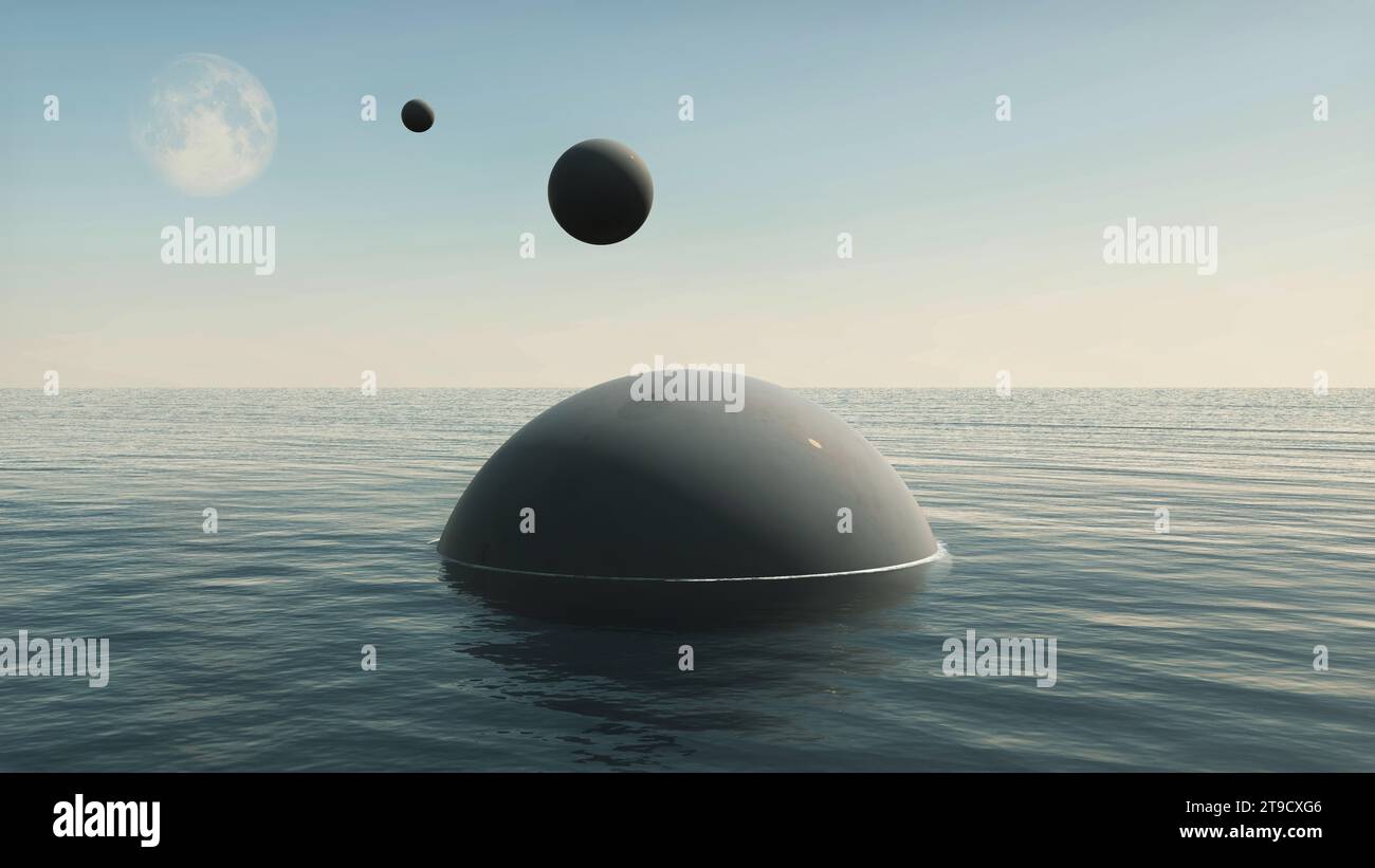 Alien spaceships descending to water of the Earth sea. UFO spheres ...