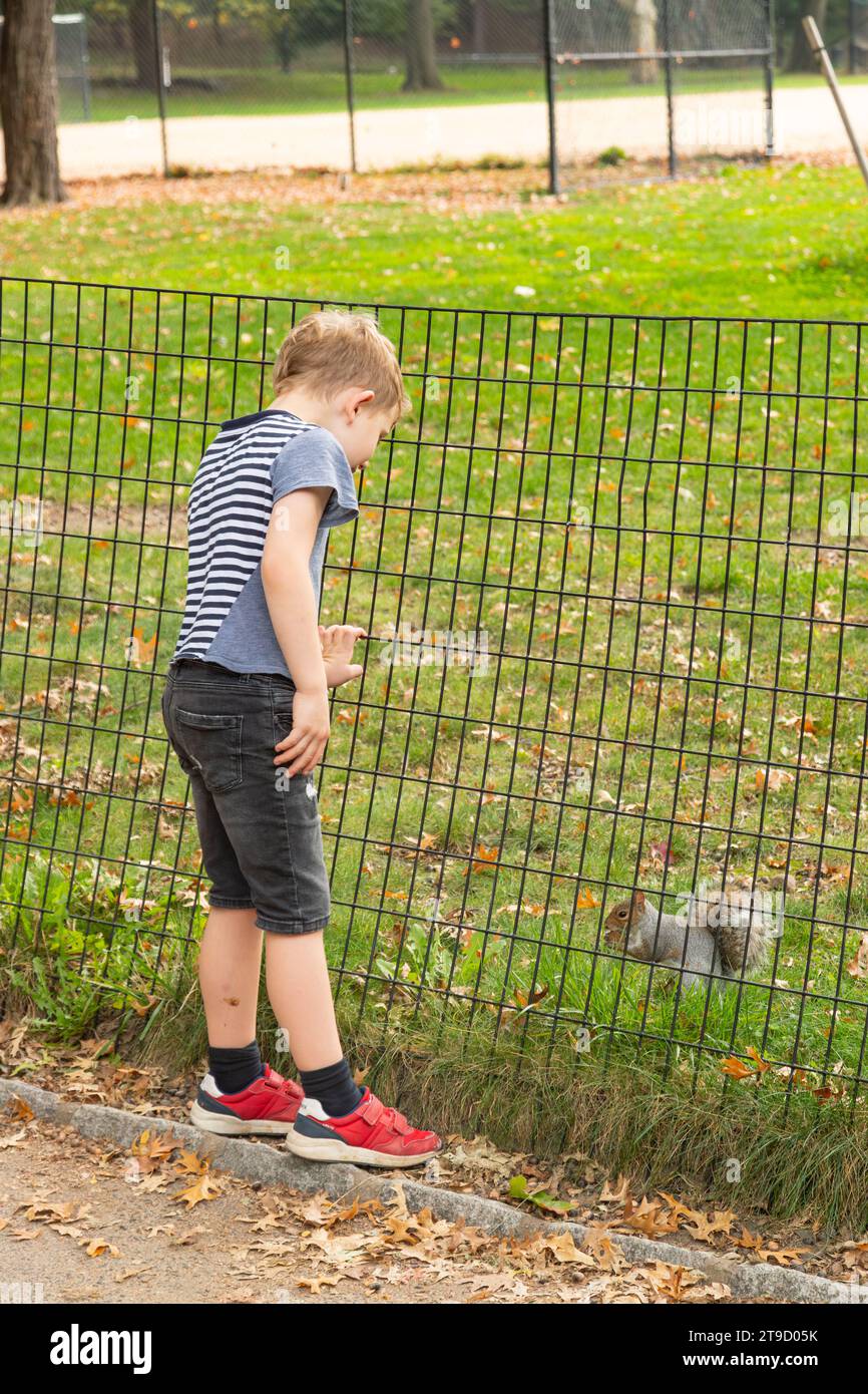 Seven year old boy with a squirrel, Central Park, New York City, United ...