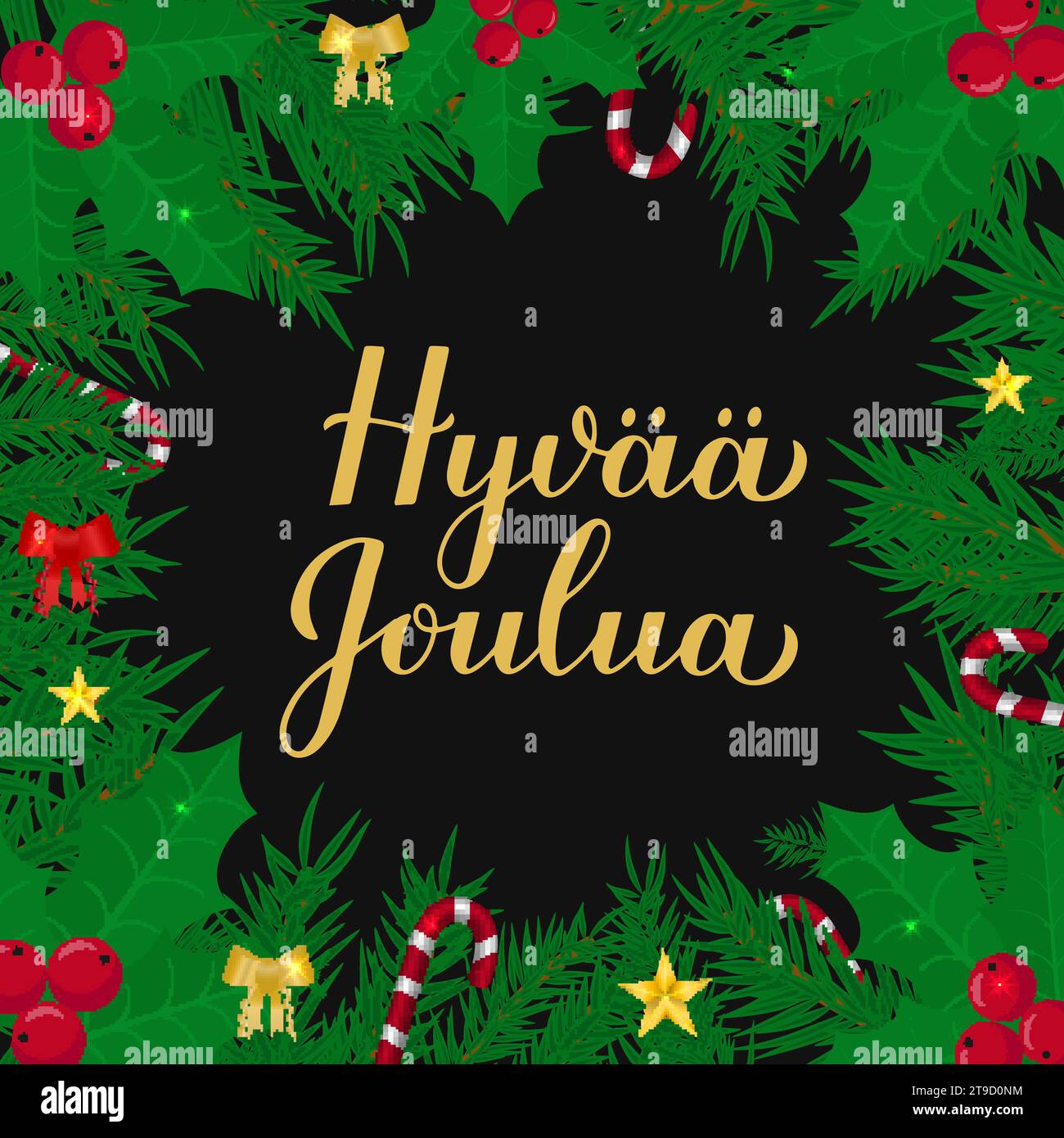 Hyvaa Joulua calligraphy hand lettering with fir tree branches. Merry ... Hyvaa Joulua calligraphy hand lettering with fir tree branches. Merry ...