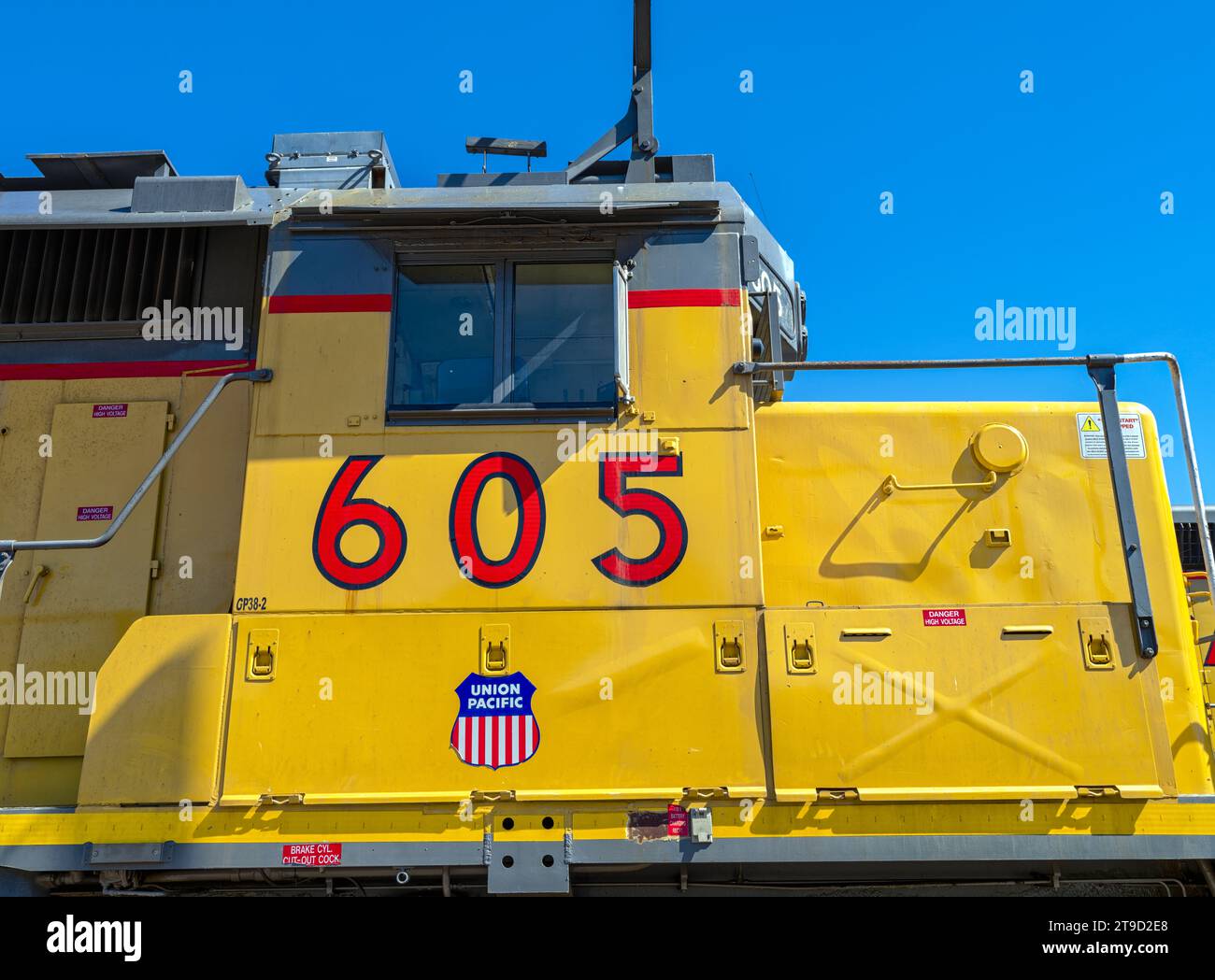 The cab of Union Pacific locomotive 605 parked at the railyard in ...