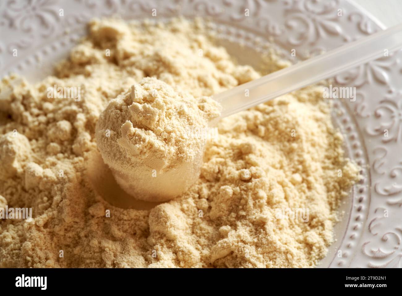 Whey protein powder in a plastic measuring cup, close up Stock Photo ...