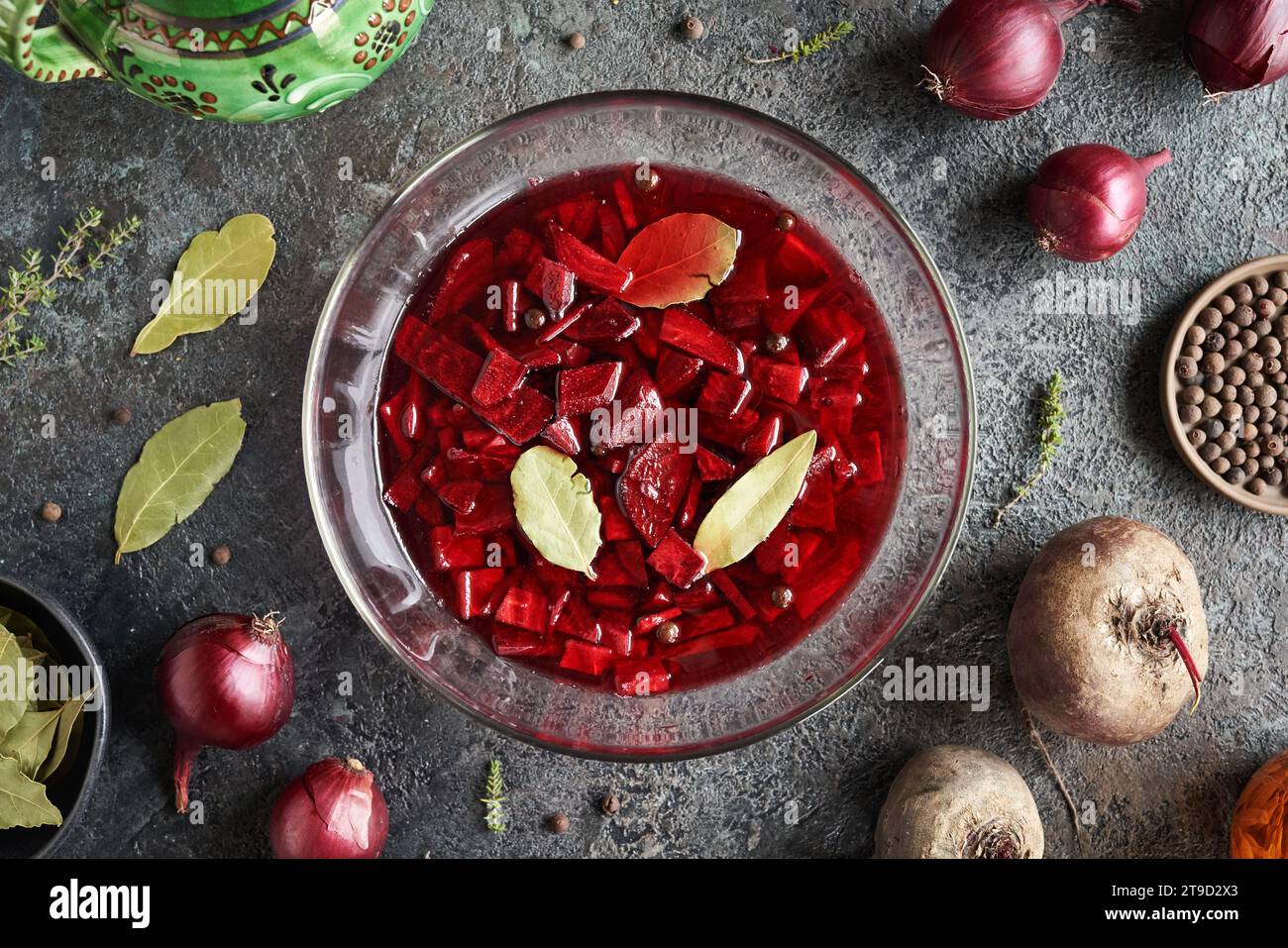 Fermented red beet kvass in a bowl on a dark table, top view Stock ...