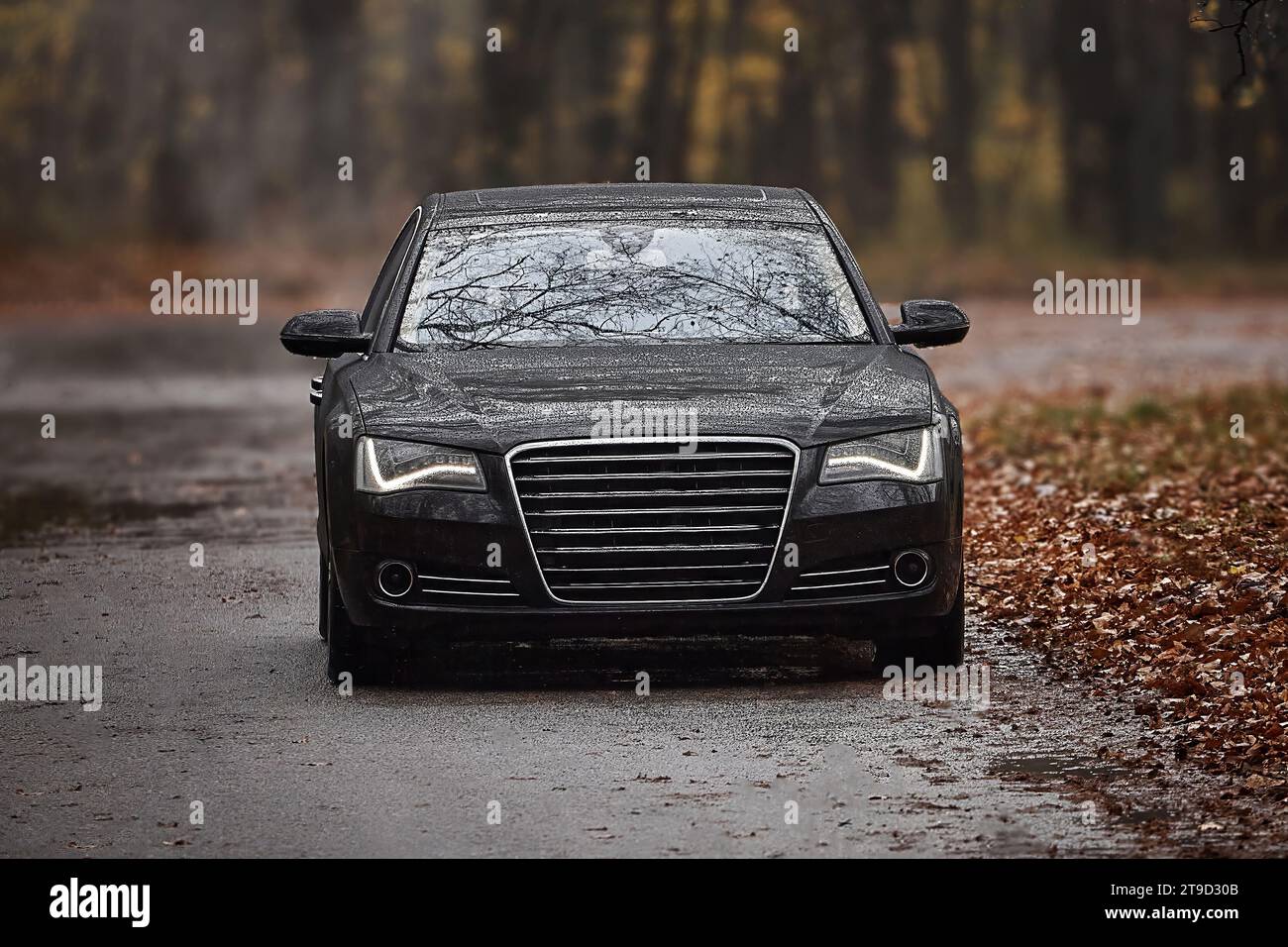 Modern black car driving on the road, city car background Stock Photo ...