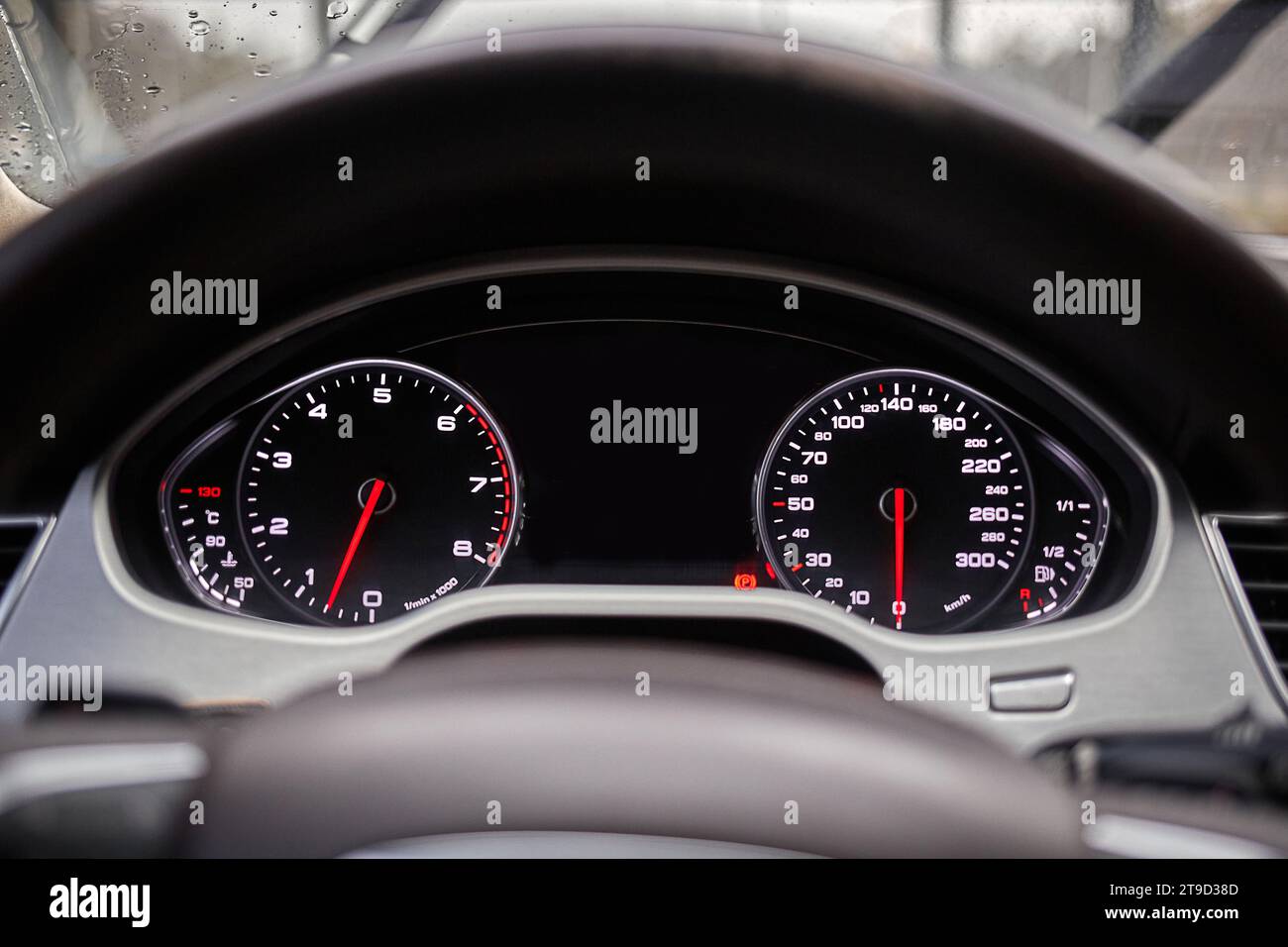 Sport car speedometer and sensors on a control panel background, modern ...