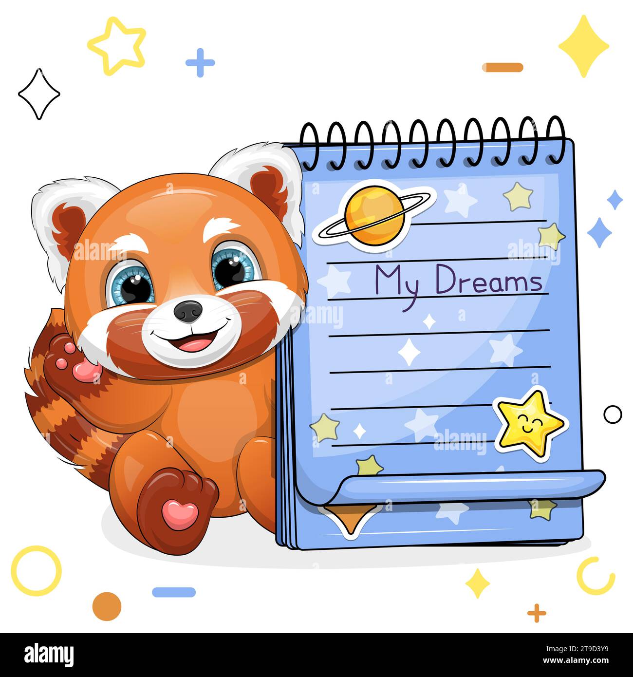 A cute cartoon red panda with a blue notebook with stickers. Vector ...