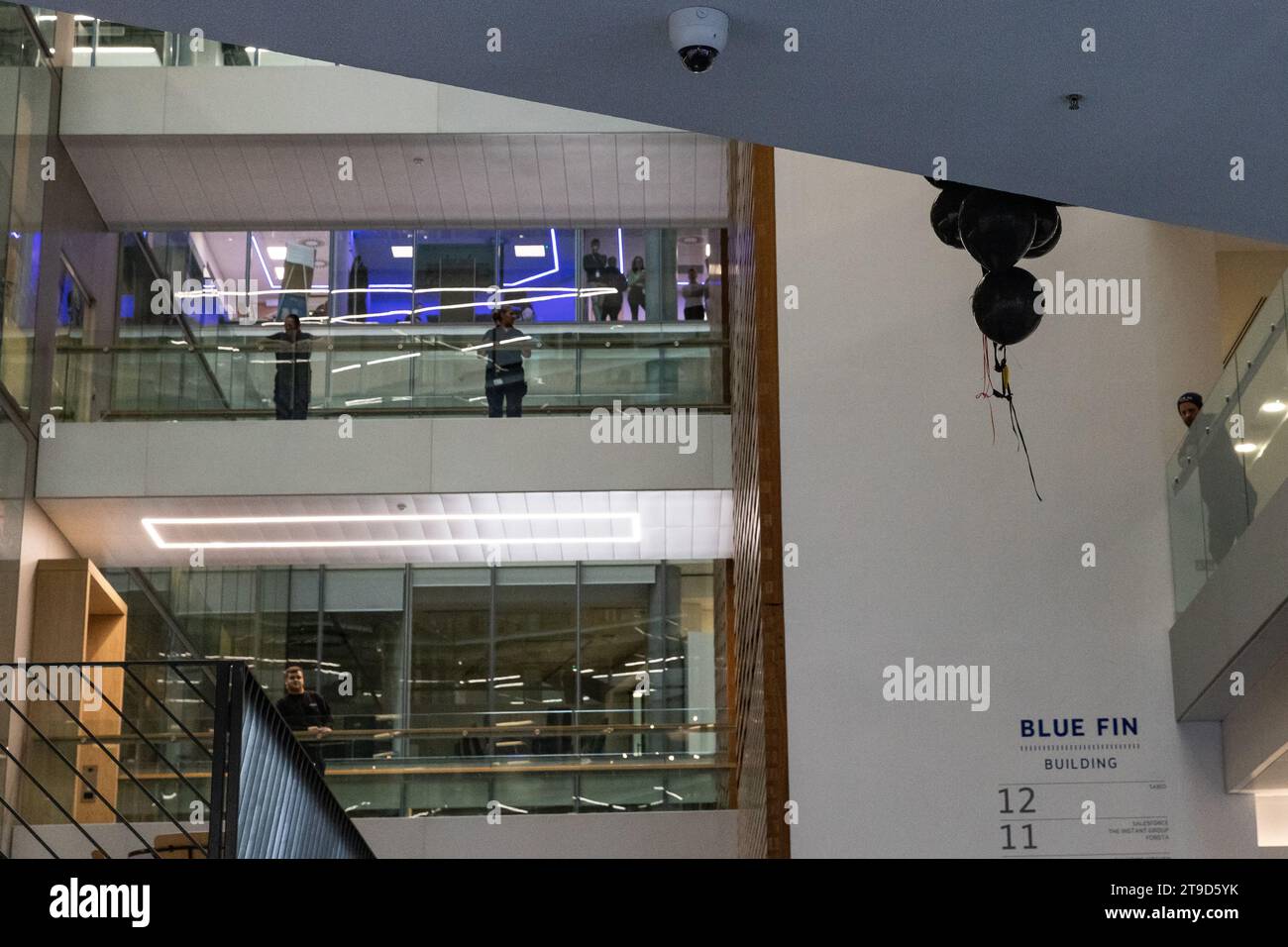 London, UK. 24th November, 2023. Black balloons are pictured inside a ...