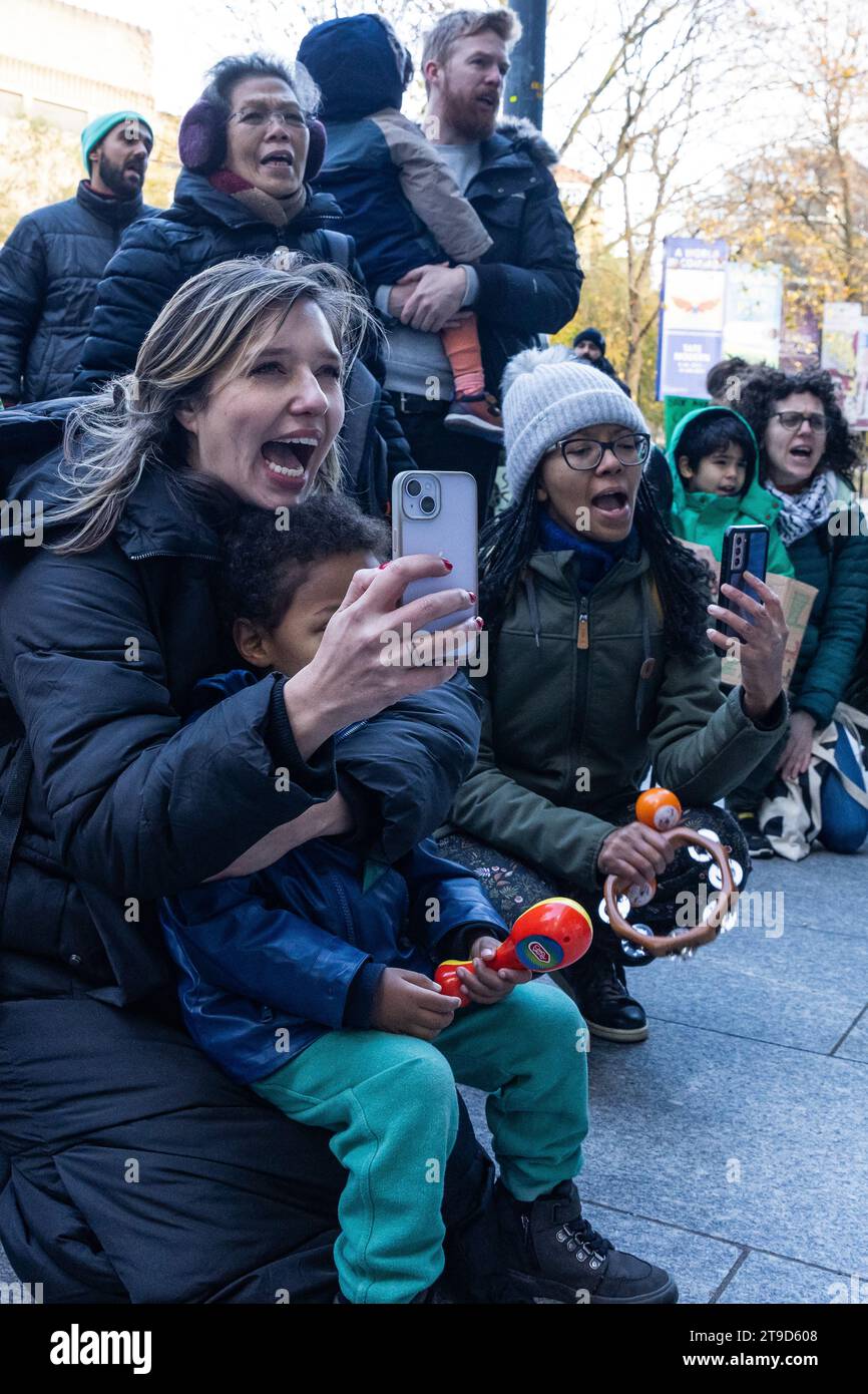London, UK. 24th November, 2023. Parents and children attend a protest ...