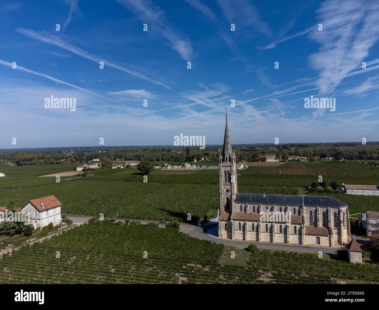 Aerial view on Pomerol village, production of red Bordeaux wine, Merlot ...