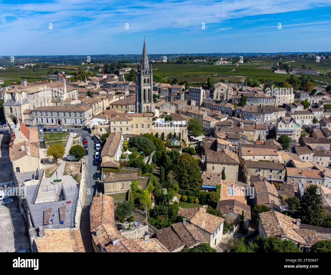 Aerial views of green vineyards, old houses and narrow hilly streets of ...