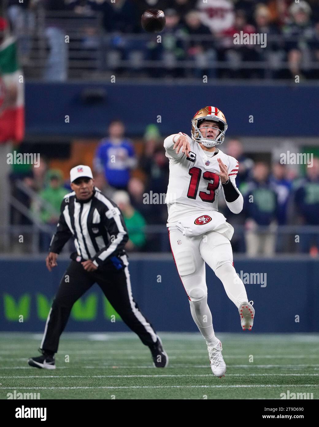 San Francisco 49ers quarterback Brock Purdy (13) makes a throw against ...
