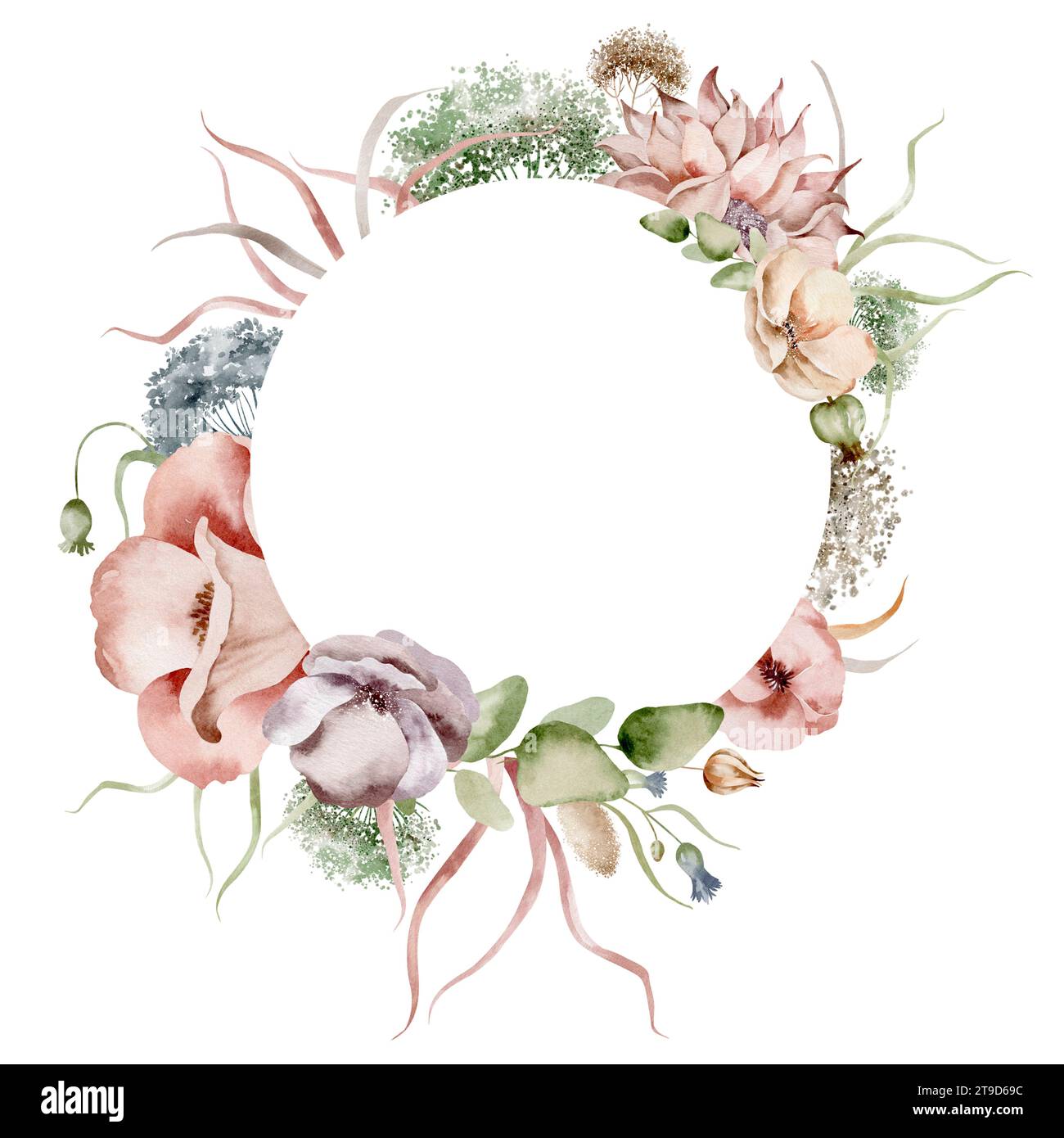 Flower frame of wildflowers. Watercolor botanical round wreath on ...