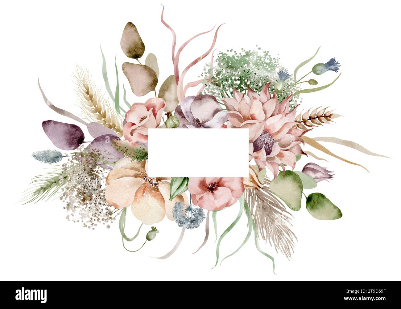 Rectangular frame made of wildflowers. Watercolor botanical frame of ...