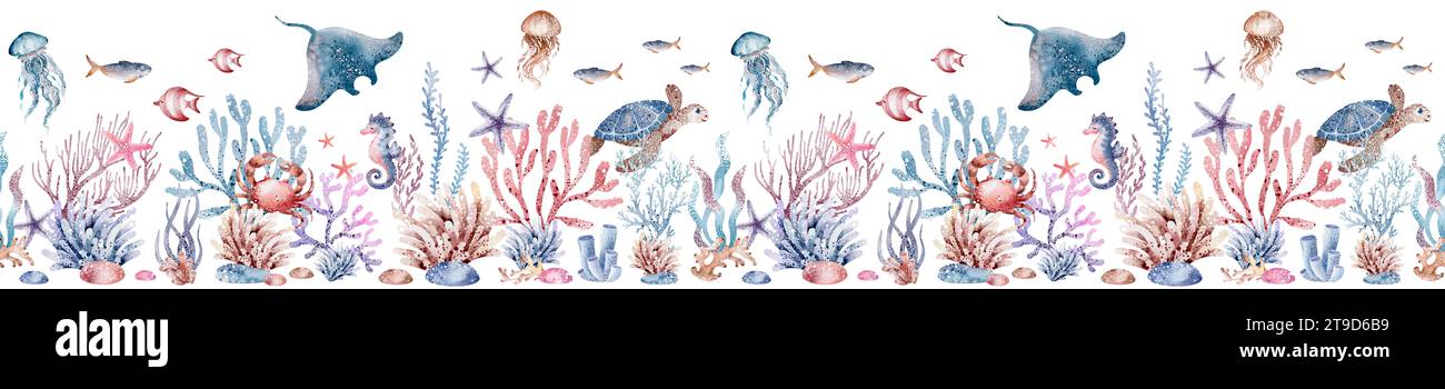 Sea animals seamless border. Hand drawn watercolor illustration of ...
