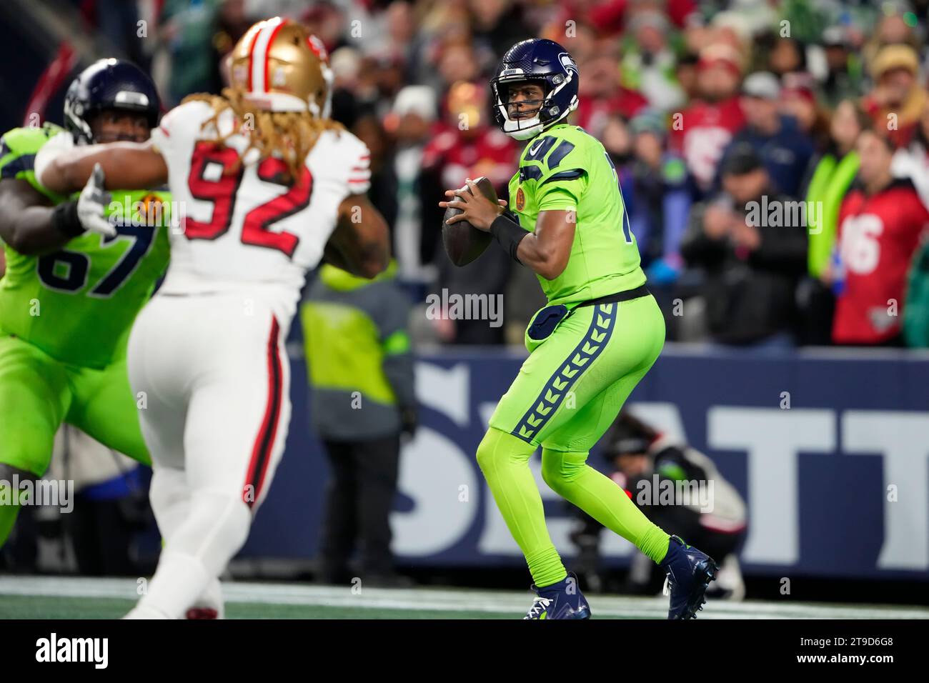 Seattle Seahawks quarterback Geno Smith looks to pass against the San ...