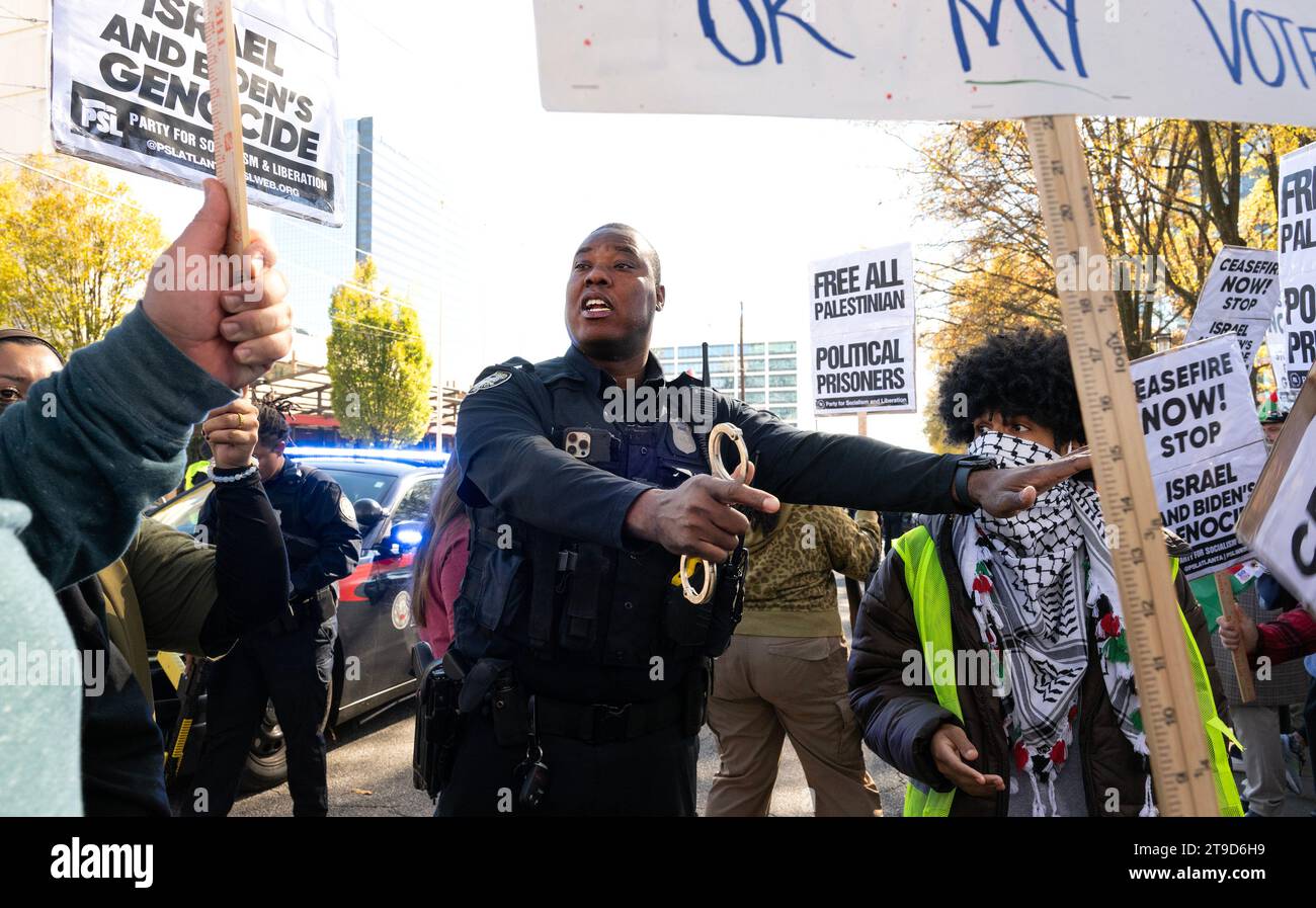 Atlanta, Georgia, USA. 24th Nov, 2023. Scores of Palestinian supporters ...
