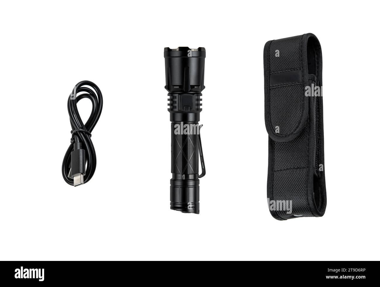 Modern metal LED flashlight in black color. Portable flashlight isolate ...