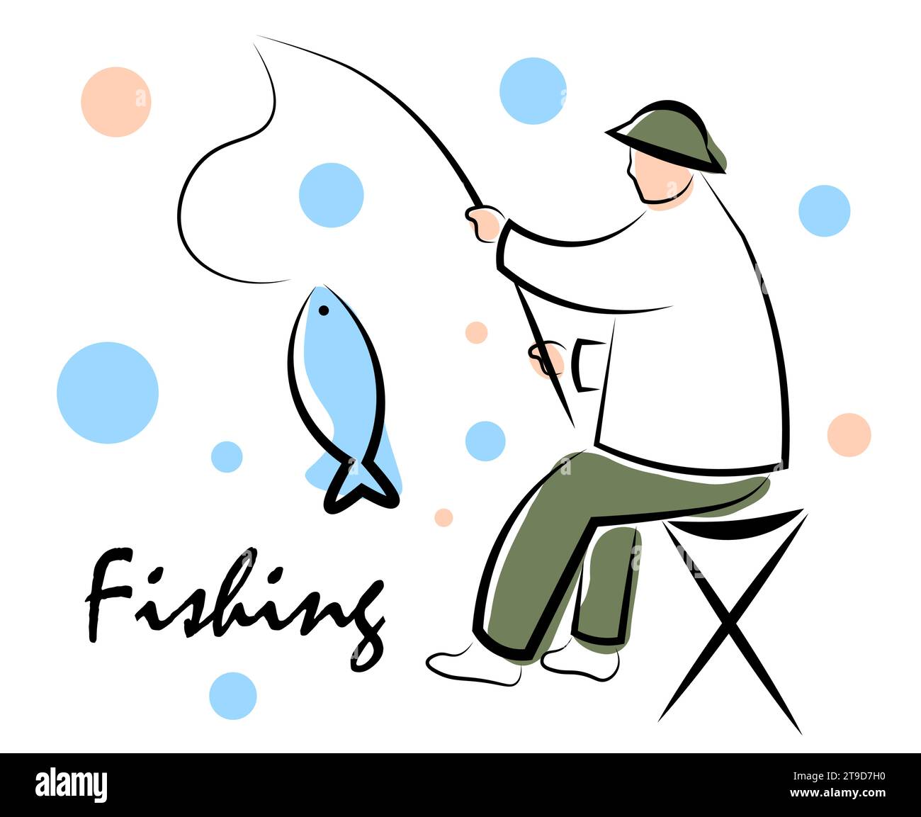A fisherman on a fishing trip caught a fish. Vector illustration in ...