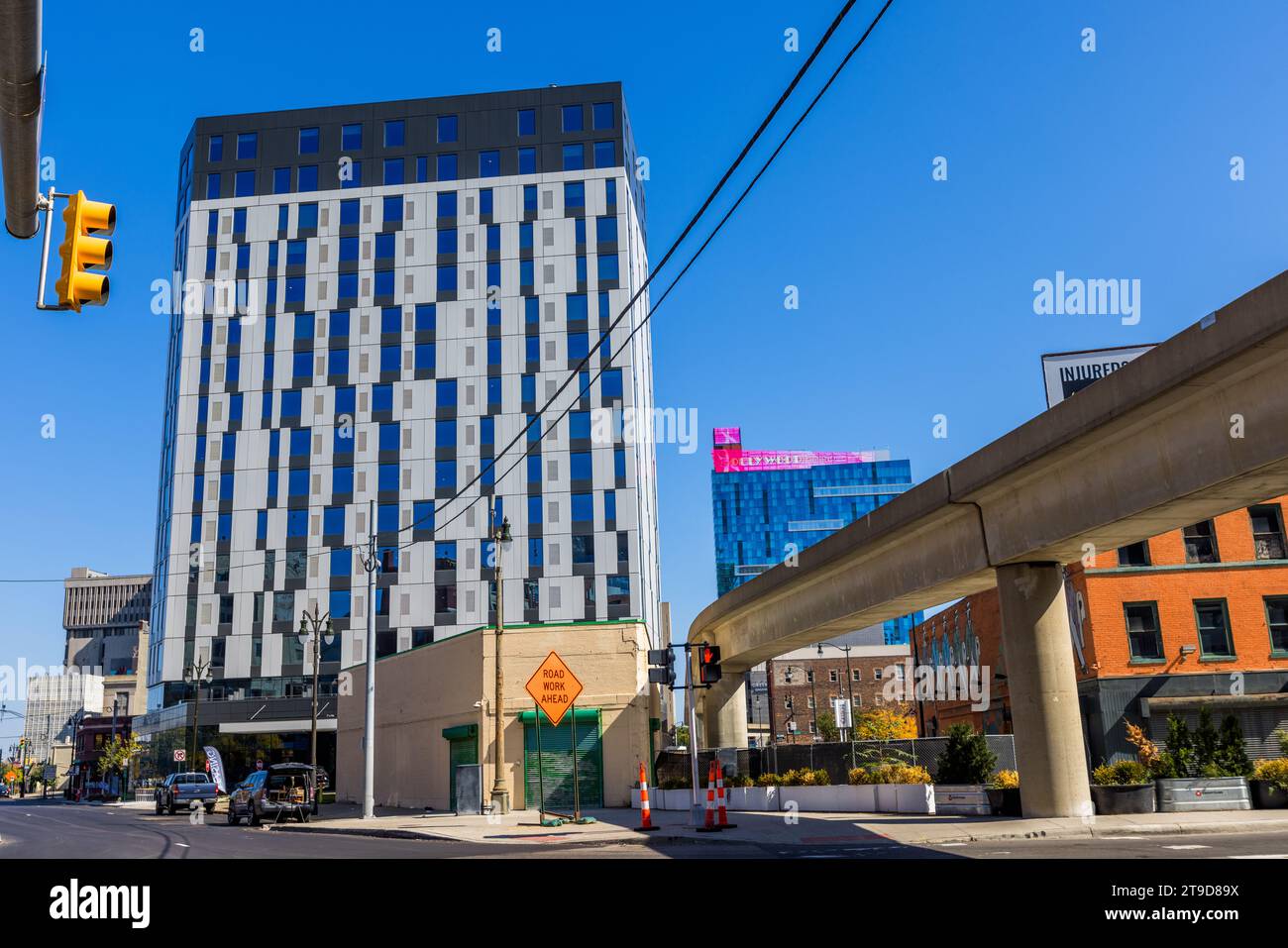 The elevated Peoplemover winds its way through downtown Detroit, United ...