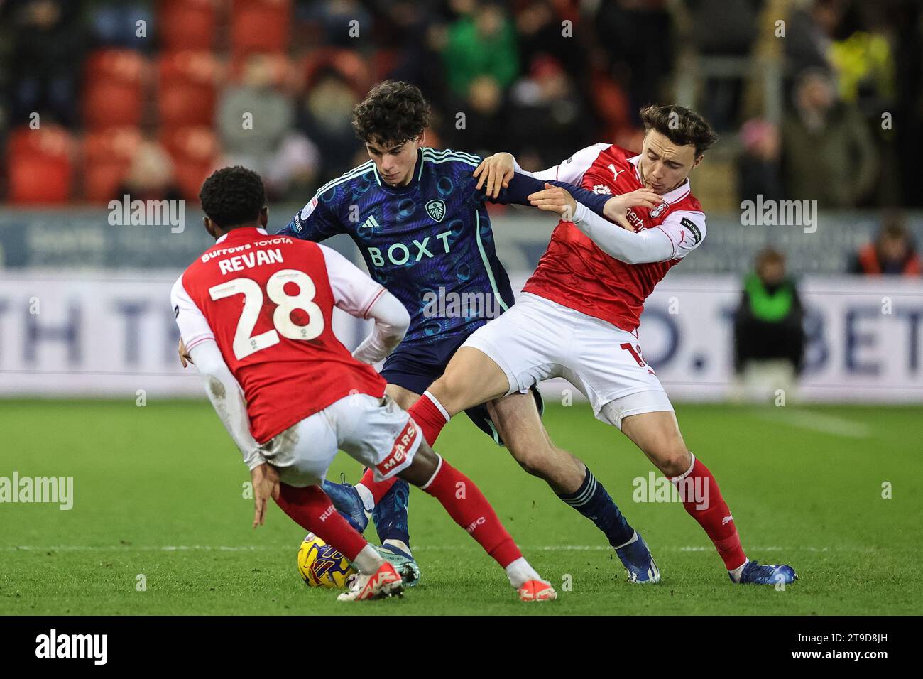 Rotherham, UK. 24th Nov, 2023. Archie Gray #22 of Leeds United is ...