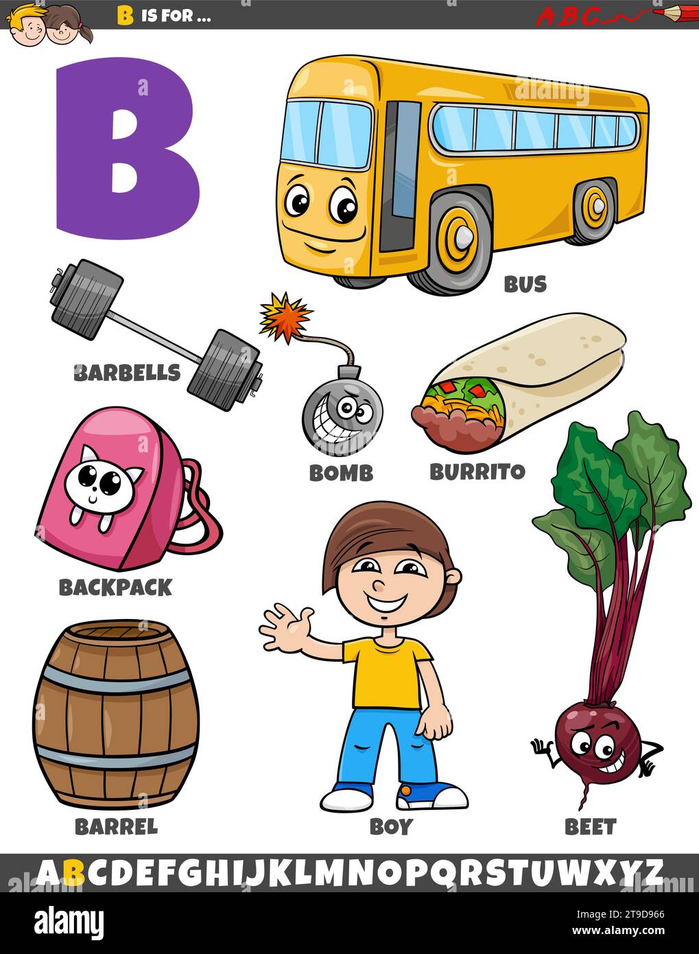 Cartoon illustration of objects and characters set for letter B Stock ...