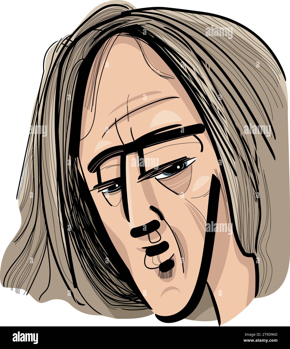 Caricature drawing illustration of adult man character with long hair ...