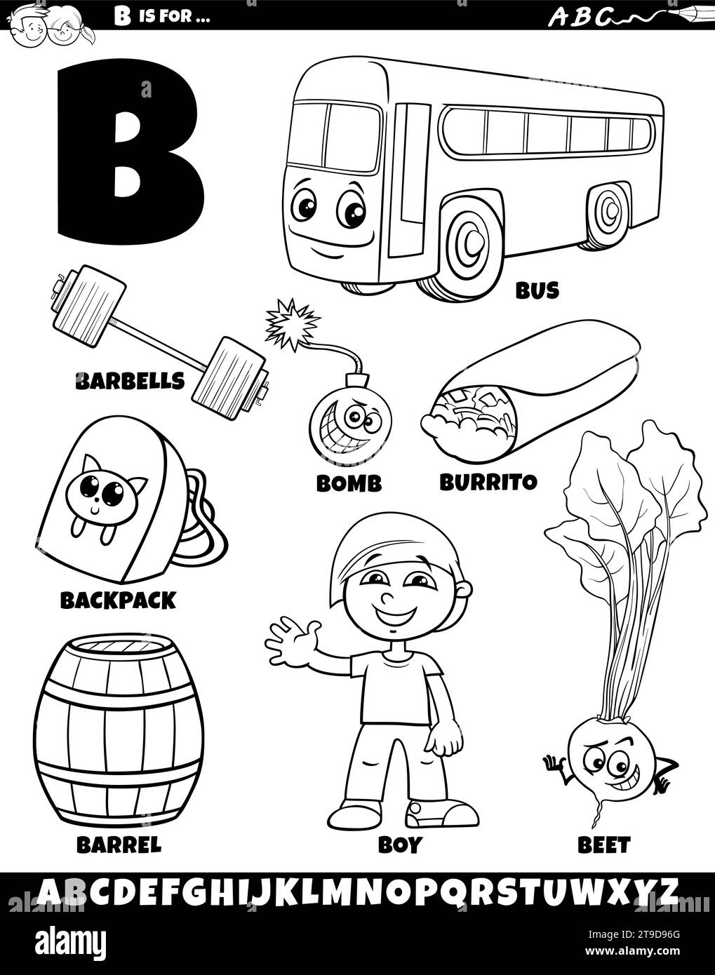 Cartoon illustration of objects and characters set for letter B ...